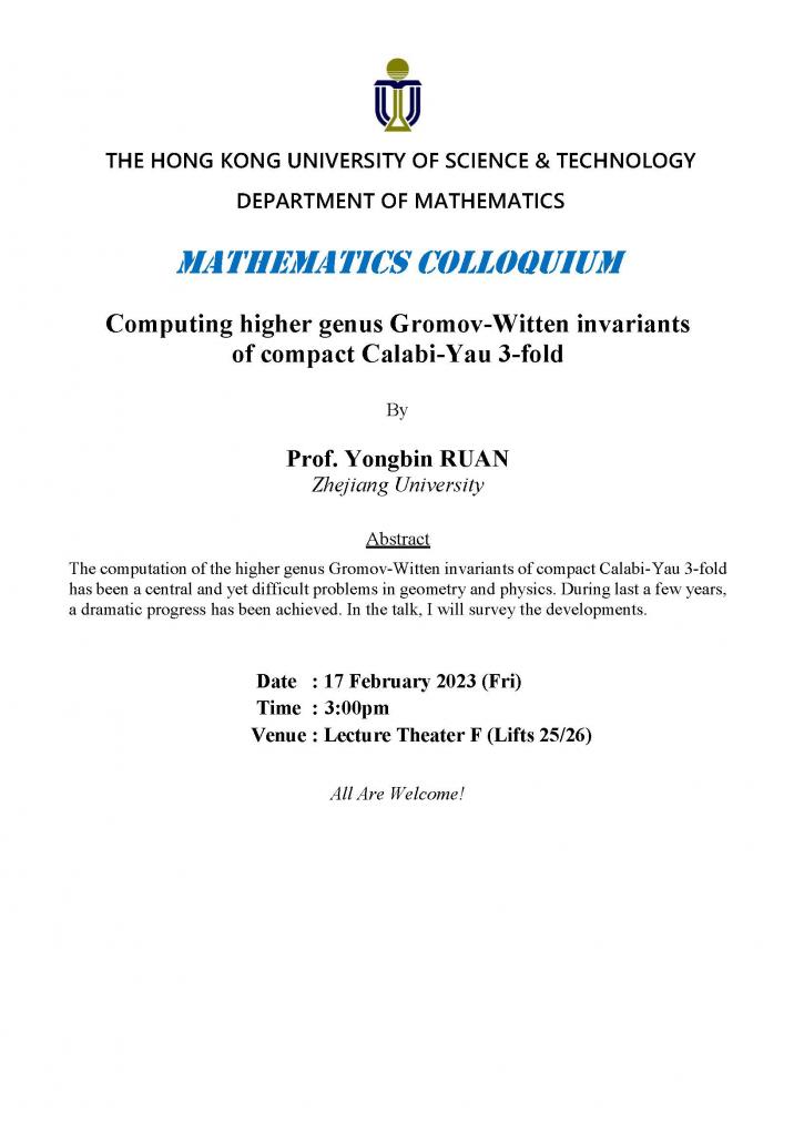 Department of Mathematics - Mathematics Colloquium - Computing higher genus Gromov-Witten ...